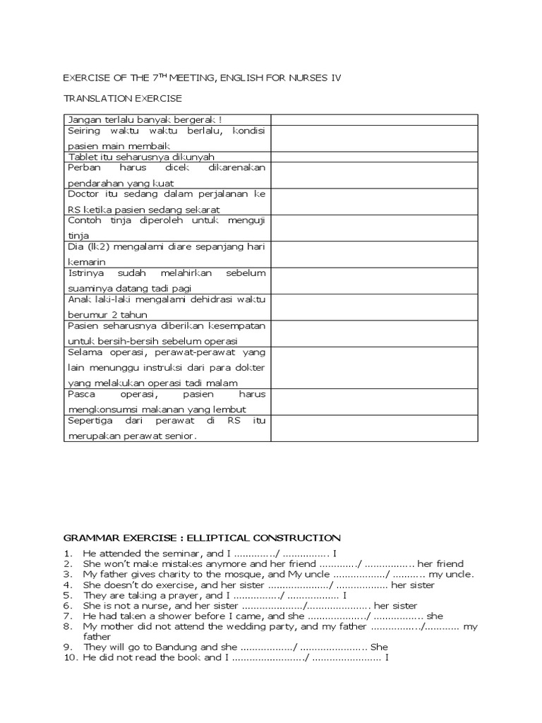 Grammar Exercise: Elliptical Construction | PDF | Self-Improvement