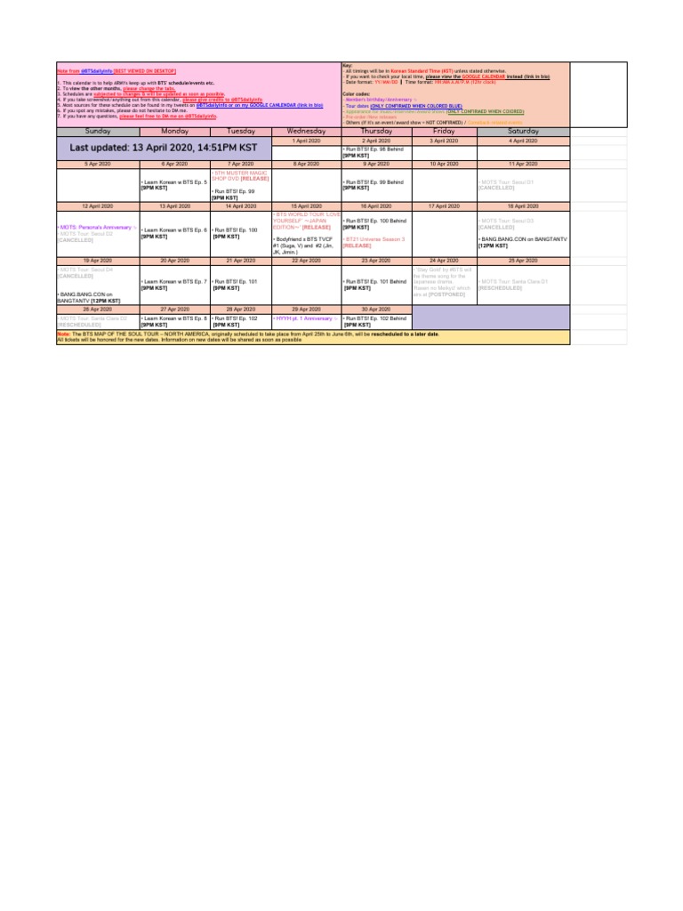 BTS Schedule Calendar 2020 | PDF | Calendar | Entertainment (General)