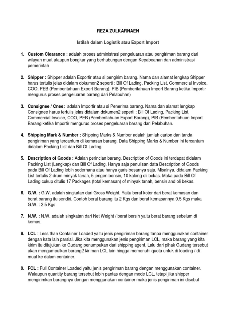 Istilah Dalam Logistik Atau Export Import | PDF