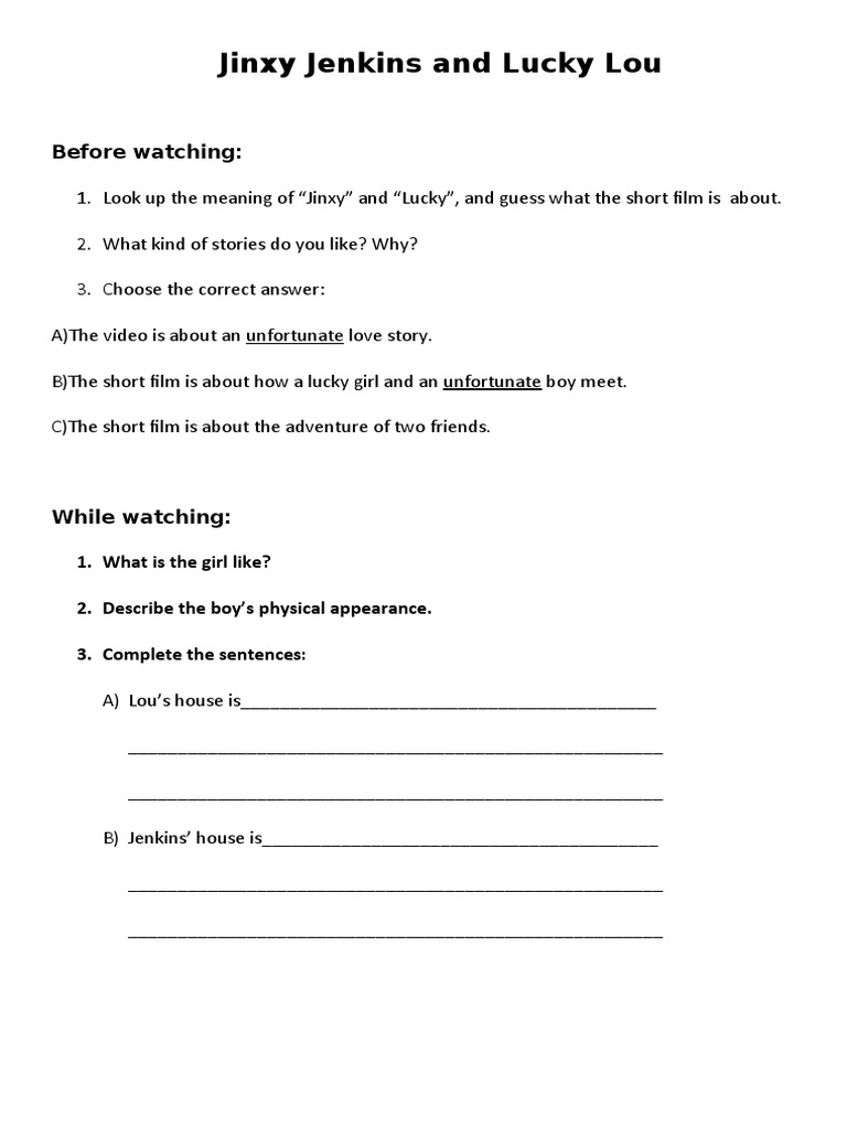 Jinxy Jenkins & Lucky Lou Film Guide | PDF | Language Arts & Discipline
