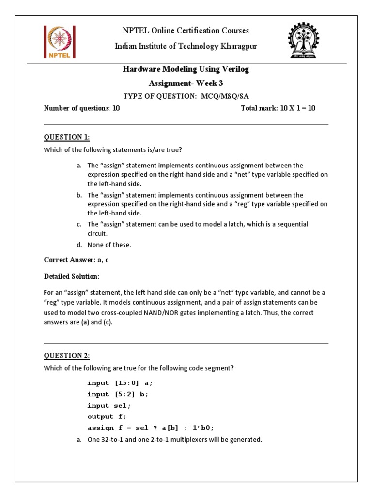 Hardware Modeling Using Verilog Assignment Week 3 Pdf Software Engineering Computer