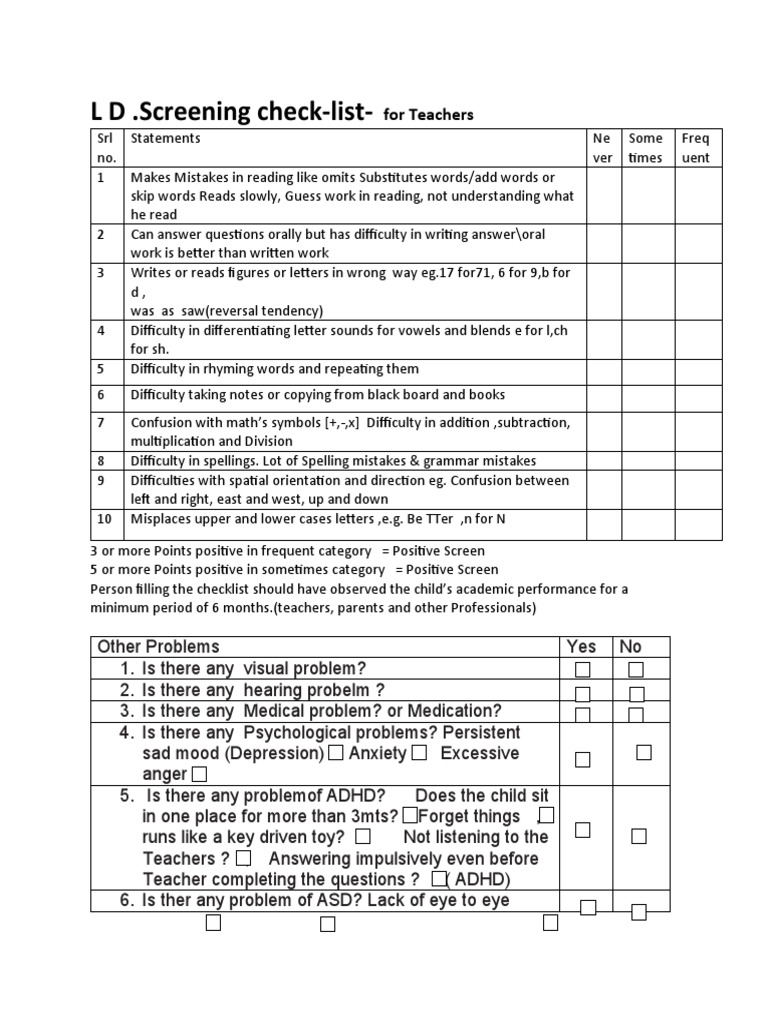 Learning Disability Checklist for Teachers | PDF | Career & Growth ...