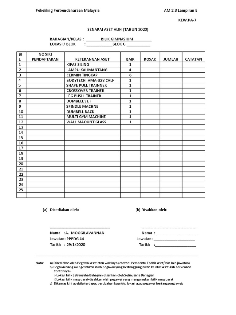 Borang Inventori KELAS & BILIK KHAS | PDF