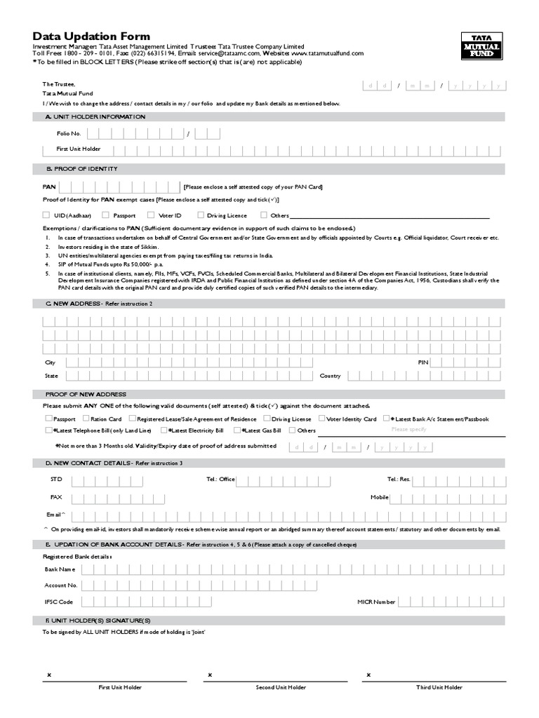 Data Updation Form: To Be Filled in Block Letters (Please Strike Off Section (S) That Is (Are ...
