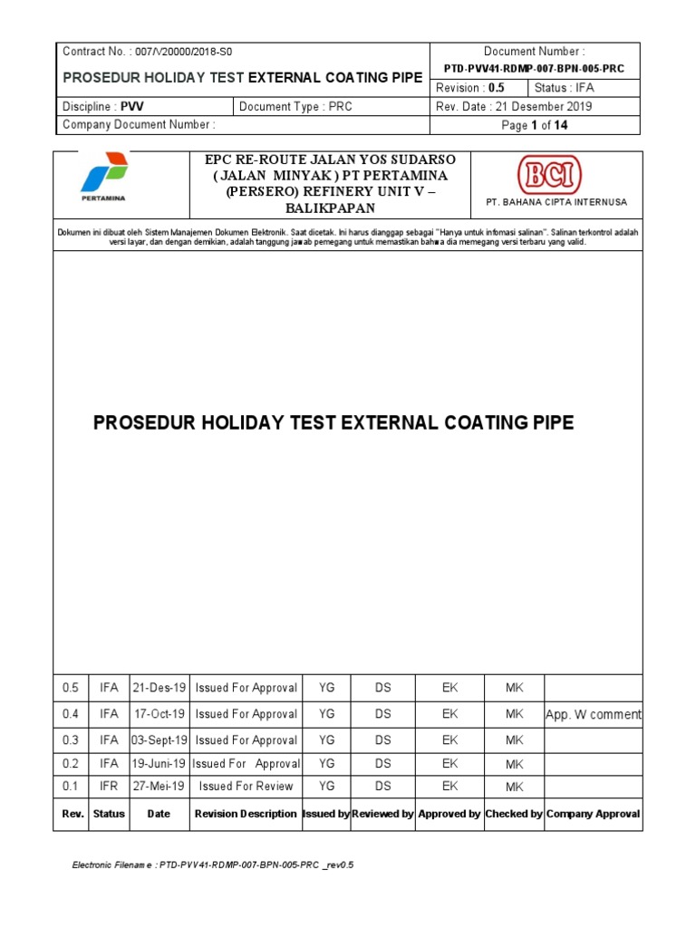 PTD-PVV41-RDMP-007-BPN-005-PRC - Rev0.5 PROSEDUR HOLIDAY TEST | PDF