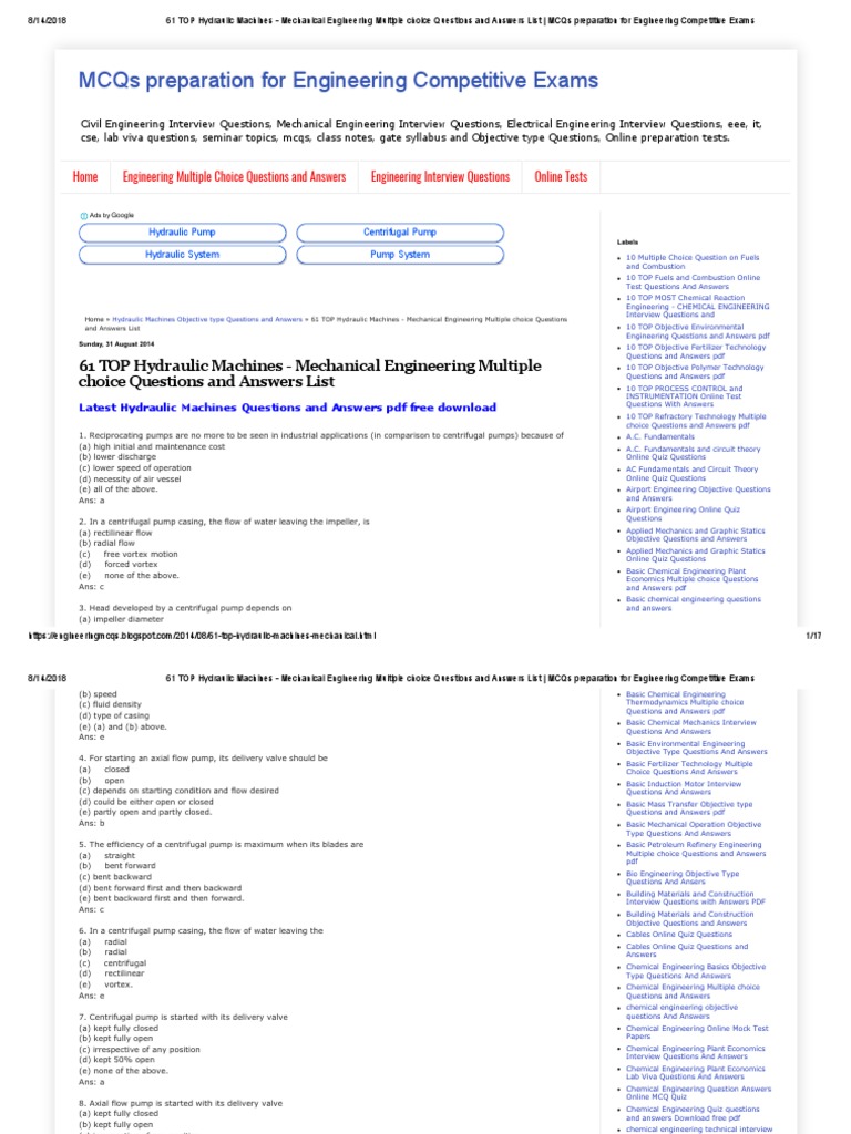 61 Top Hydraulic Machines Mechanical Engineering Mcqs With Answers | PDF | Pump | Turbine