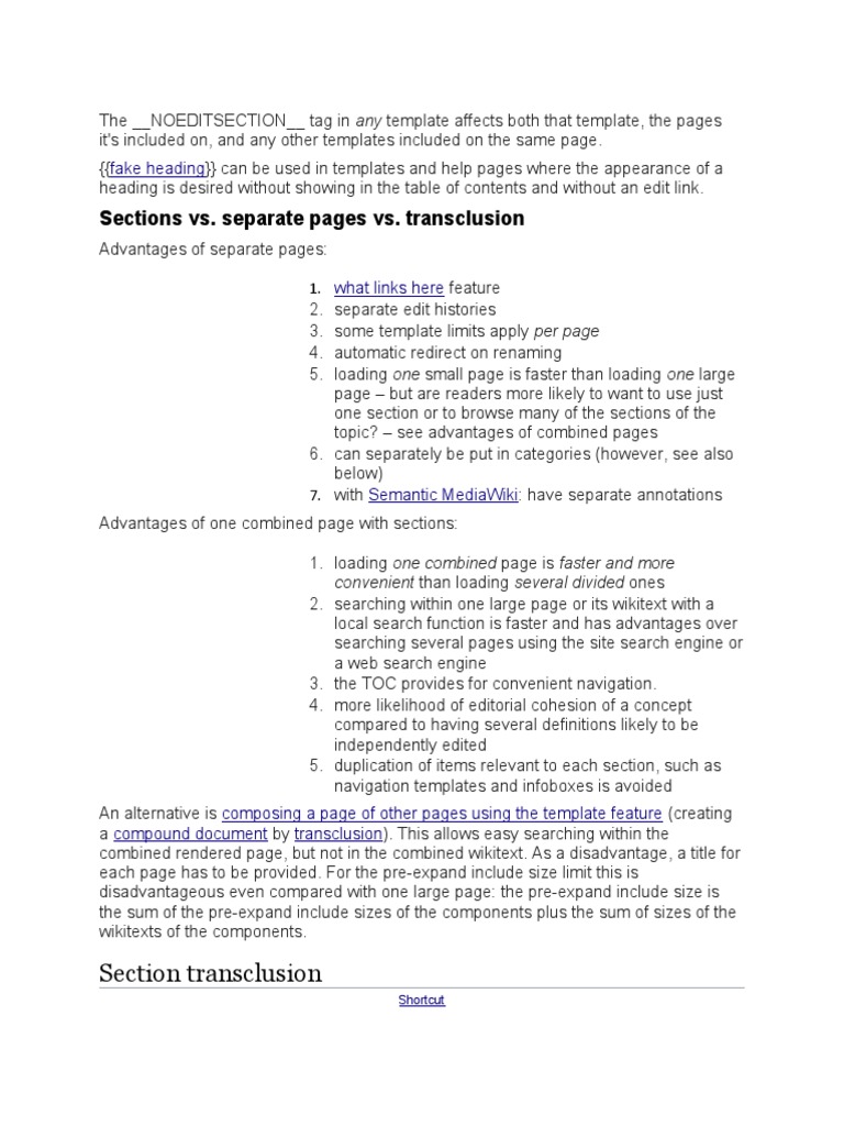 Sections vs. Separate Pages vs. Transclusion | PDF | Wikipedia | Wiki