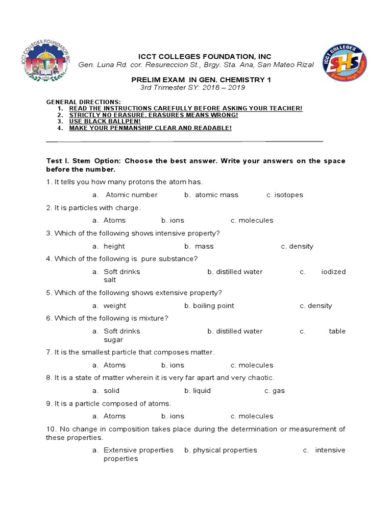 Prelim Exam in Chemistry 1 - Senior High School | PDF | Ion | Proton