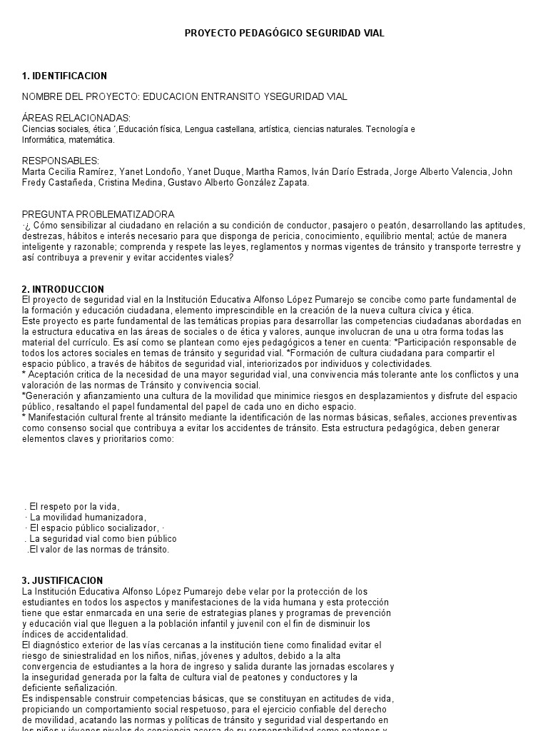 Proyecto Pedagógico Seguridad Vial Pdf Peatonal Seguridad Vial