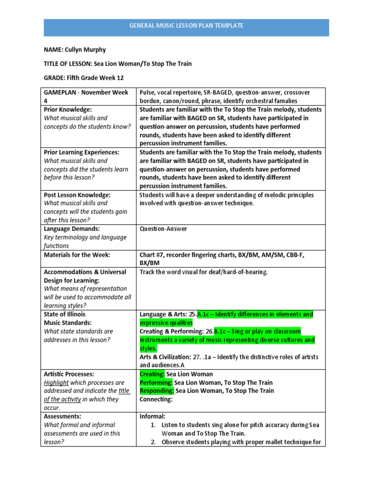General Music Lesson Plan Template | PDF | Recorder (Musical Instrument ...