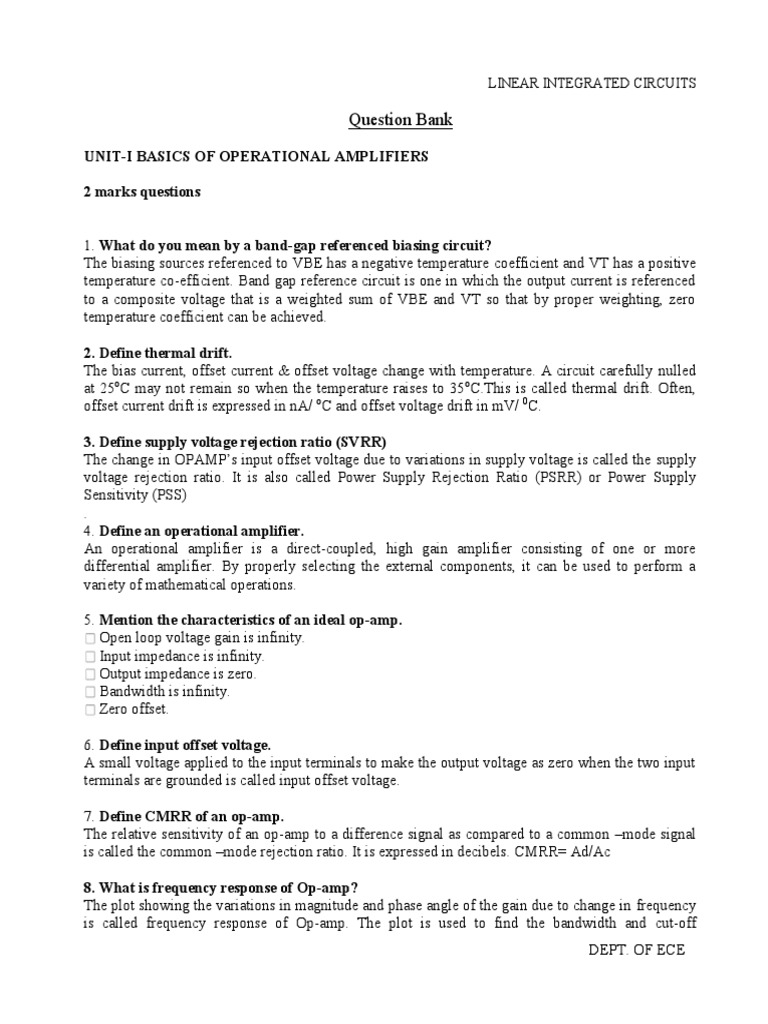 Question Bank: Unit-I Basics of Operational Amplifiers 2 Marks ...