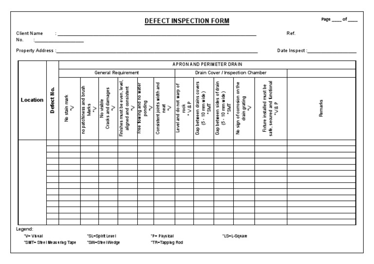 Defect Inspection Form@apron and Perimeter Drain | PDF | Building ...