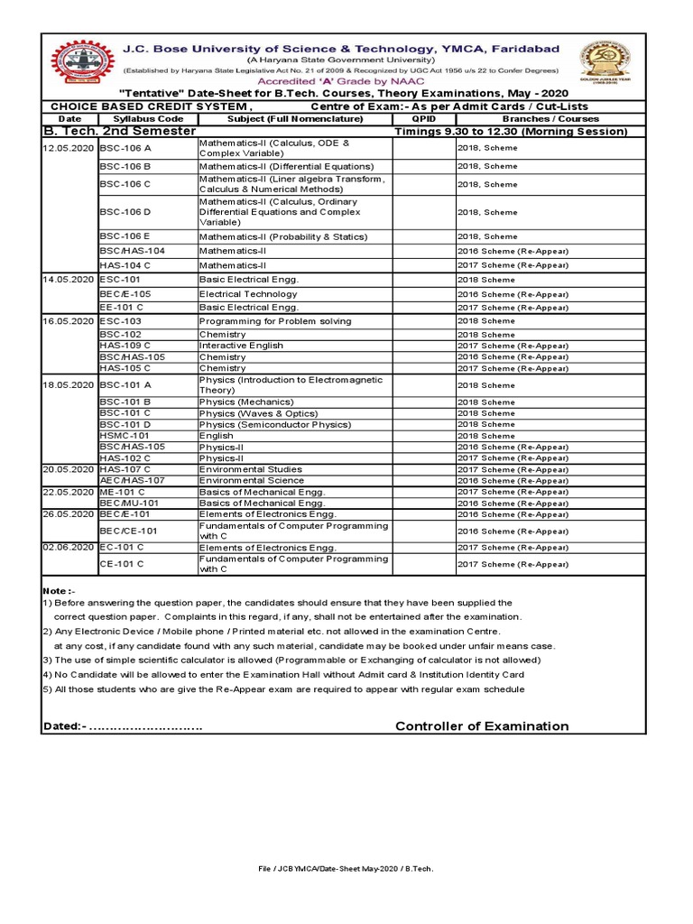 B. Tech. 2nd Semester: Date Syllabus Code Subject (Full Nomenclature ...