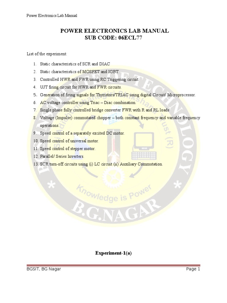 Power Electronics Lab Manual With Logo | PDF | Mosfet | Field Effect ...