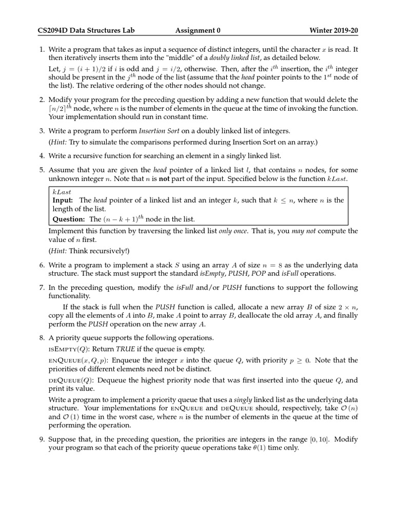 Implementing Common Data Structures And Algorithms A Linked List And Priority Queue Assignment