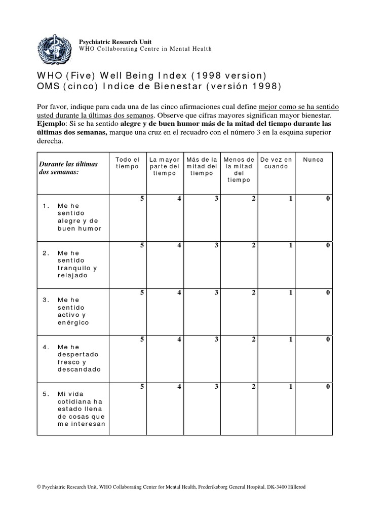 WHO5 Spanish PDF | Descargar gratis PDF | Bienestar | Medicina