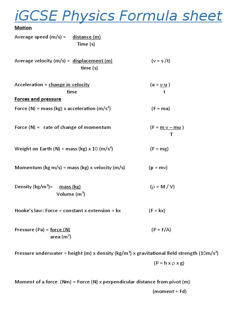 Physics Formula Sheet Igcse