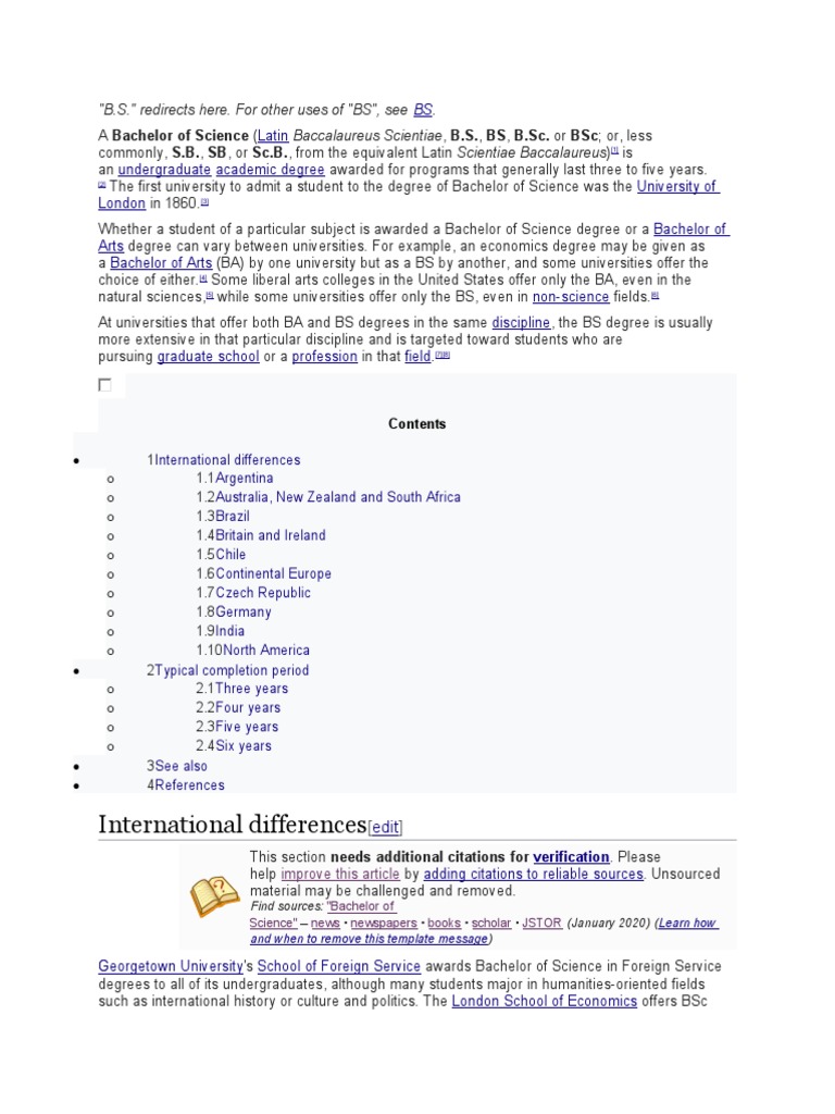 International Differences: "B.S." Redirects Here. For Other Uses of "BS ...