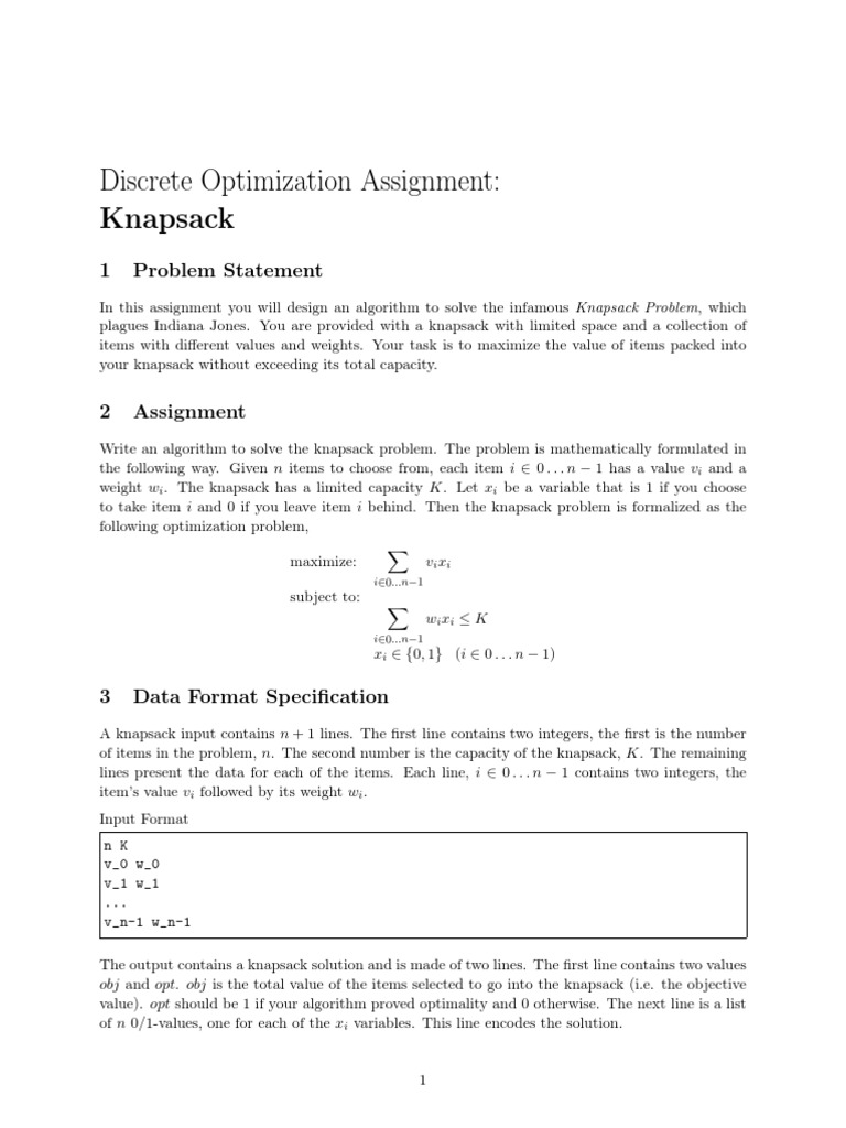 Discrete Optimization Assignment: Knapsack: 1 Problem Statement | PDF ...