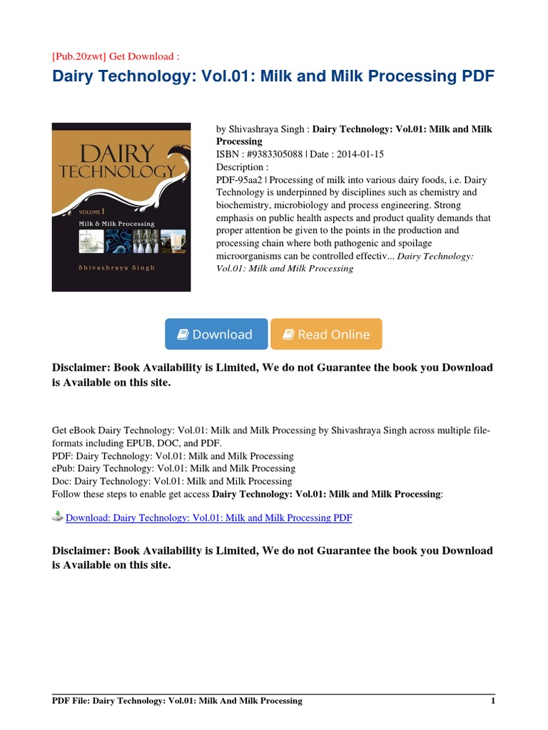 Dairy Technology: Milk Processing Vol. 1 | PDF | Milk | Dairy