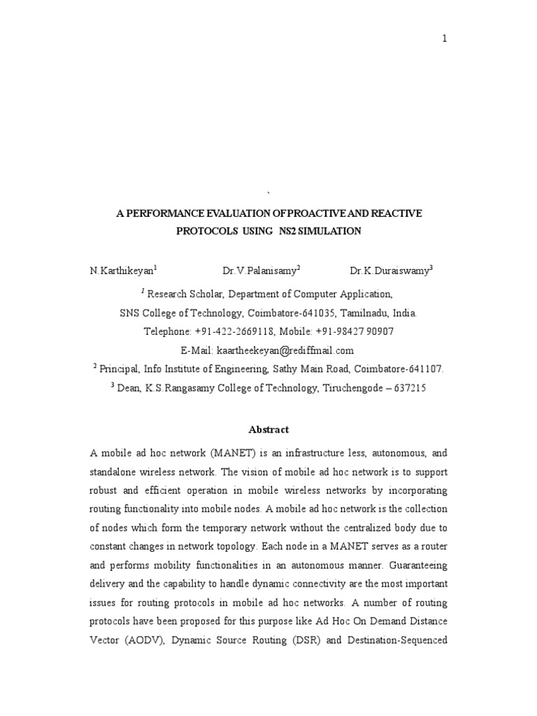 A Performance Evaluation Of Proactive And Reactive Protocols Using Ns2 Simulation Pdf