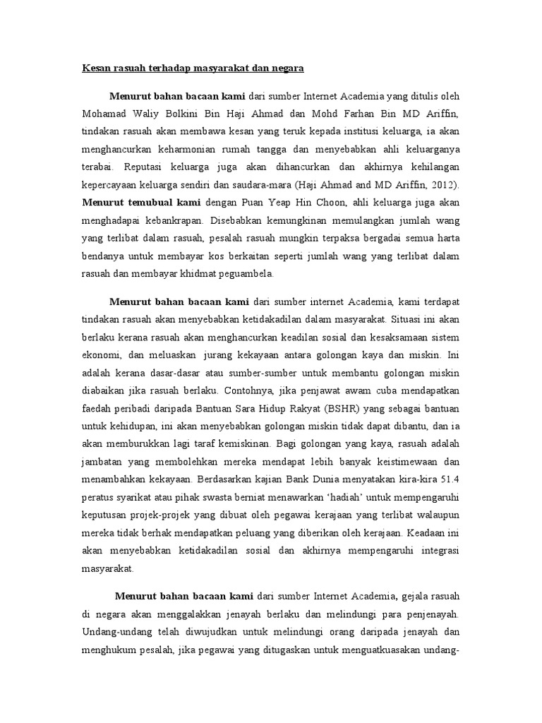 Kesan Rasuah Terhadap Masyarakat, Negara dan Ekonomi Malaysia | PDF