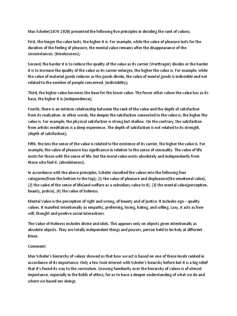 Max Scheler Hierarchy of Values | PDF | Value (Ethics) | Contentment
