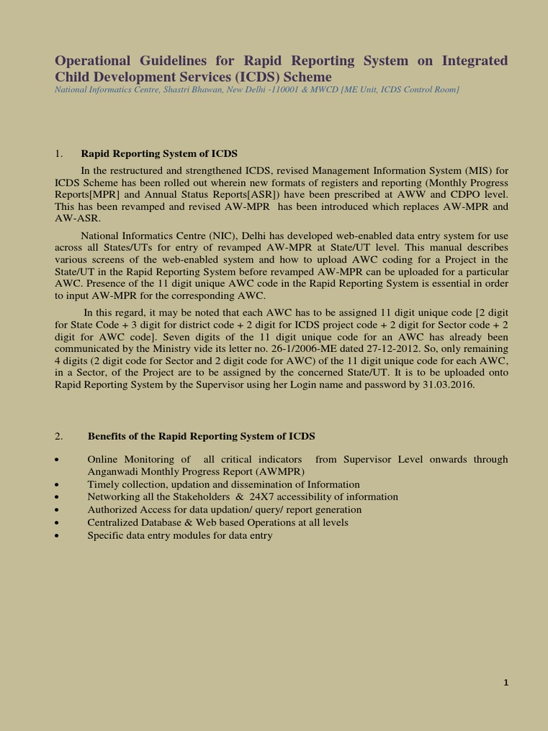 Operational Guidelines For Rapid Reporting System On Integrated Child ...