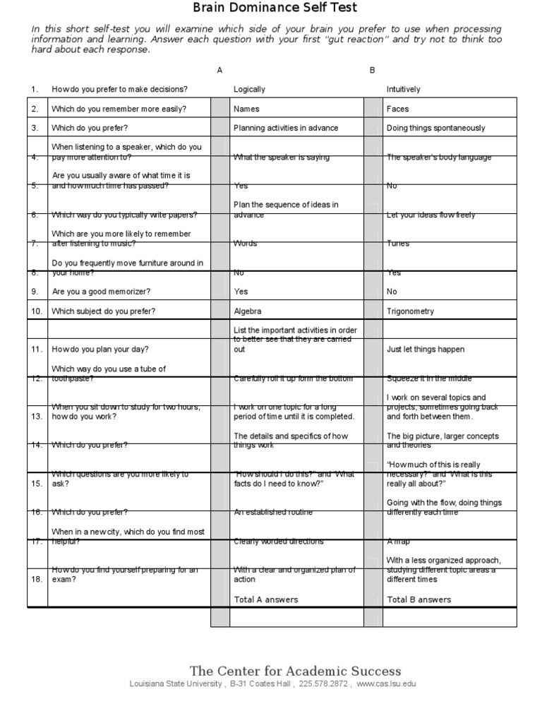 Brain Dominance Self-Test Guide | PDF | Lateralization Of Brain ...