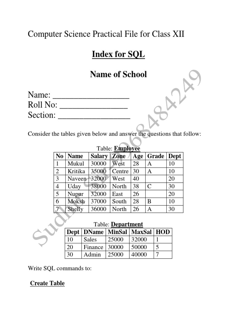 Computer Science Practical File For Class XII: Index For SQL Name of ...