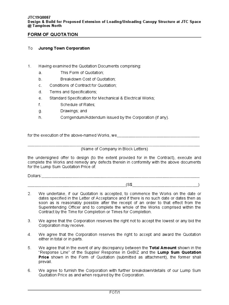 Form of Quotation: Jurong Town Corporation | Download Free PDF ...
