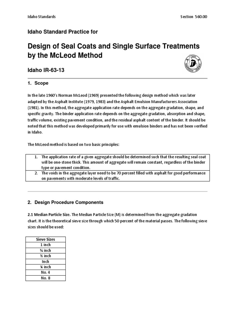Design of Seal Coats and Single Surface Treatments by The Mcleod Method ...