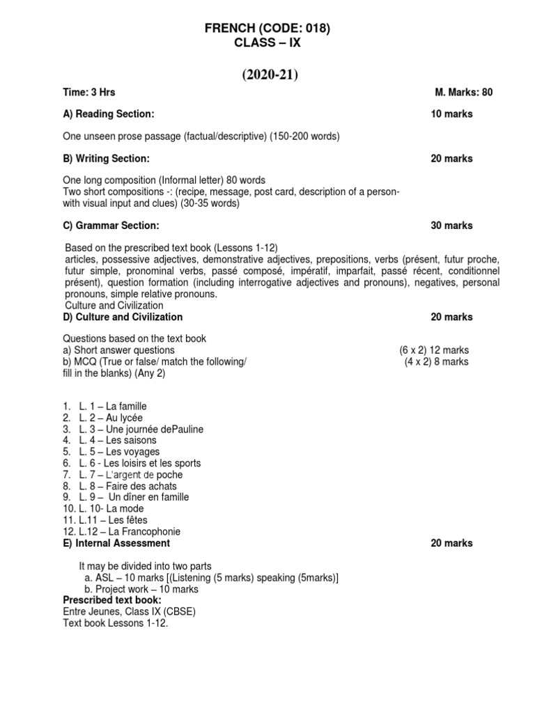 FRENCH (CODE: 018) Class - Ix: Time: 3 Hrs M. Marks: 80 A) Reading ...