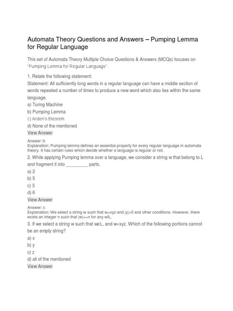 Automata Theory Questions and Answers - Pumping Lemma For Regular Language | Download Free PDF ...