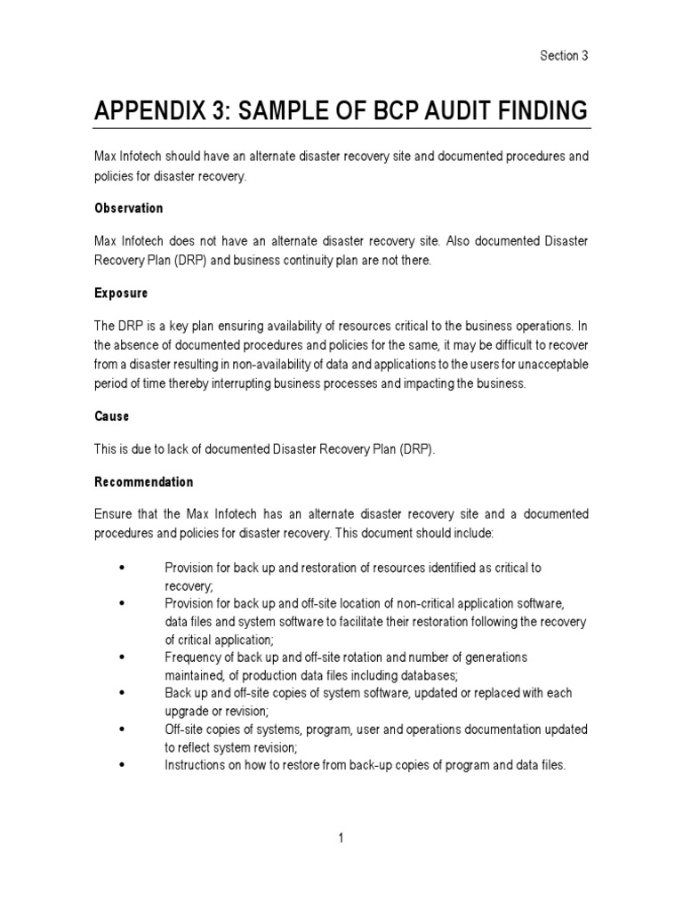 Appendix 3: Sample of BCP Audit Finding: Observation | PDF