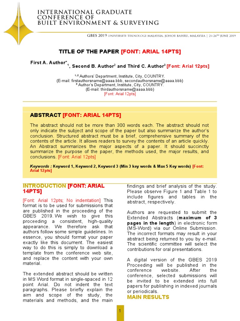 GBES 2019 Extended Abstract Template | PDF | Abstract (Summary) | Arial