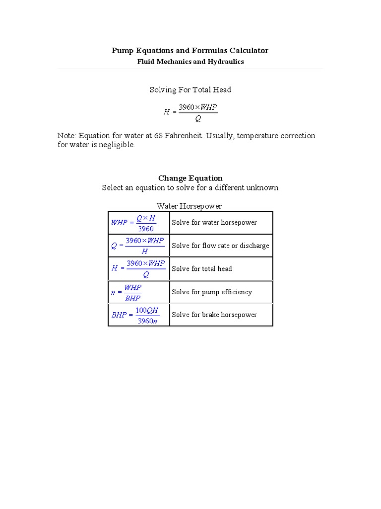 Pump Equations and Formulas Calculator | PDF | Pressure | Horsepower