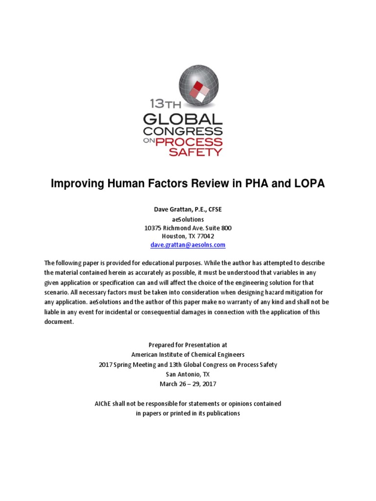 Improving Human Factors Review in PHA and LOPA: Dave Grattan, P.E., CFSE | PDF | Reliability ...