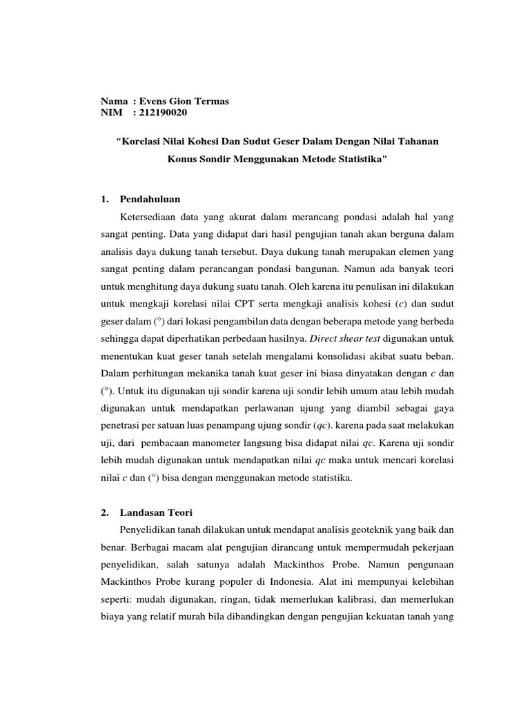 Regresi Linier Dan Koefisien Korelasi Nilai Kohesi Dan Sudut Geser Dalam Dengan Nilai Tahanan ...
