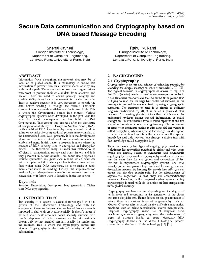 Secure Data Communication and Cryptography Based On DNA Based Message Encoding | PDF | Cipher ...