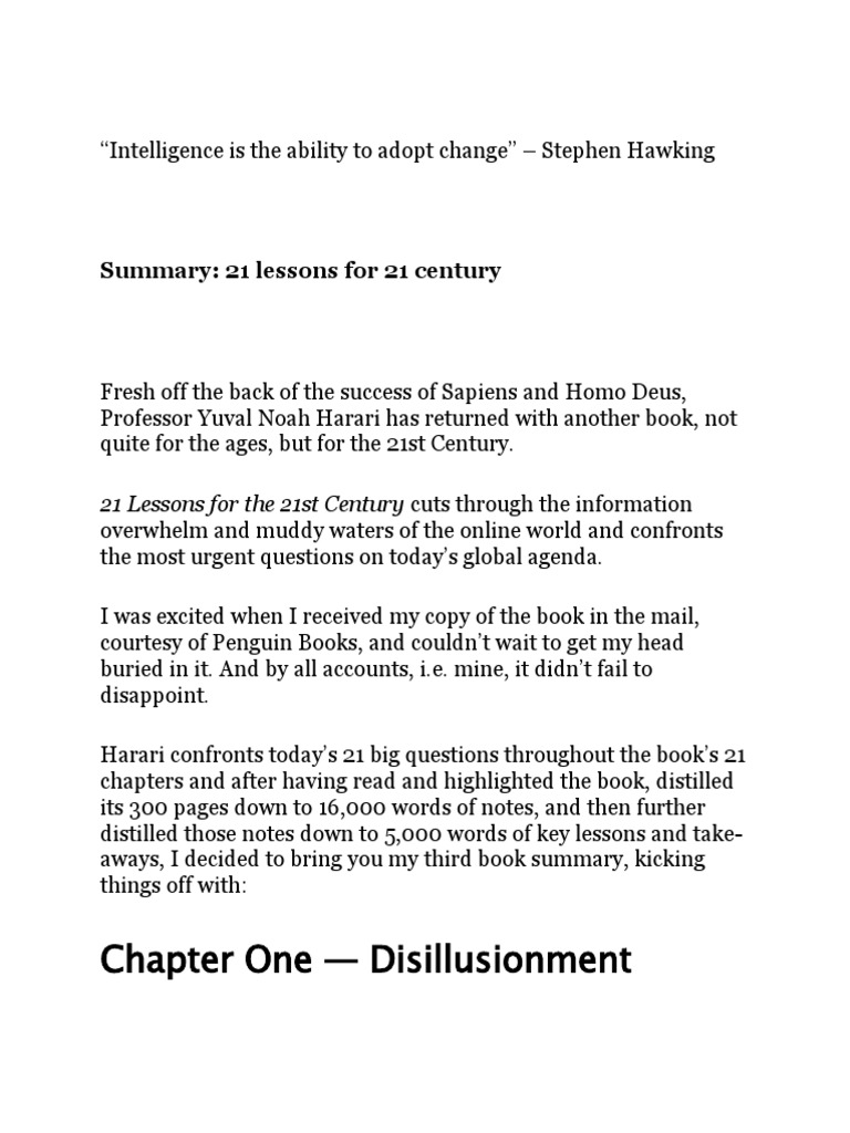 Chapter One - Disillusionment: Summary: 21 Lessons For 21 Century | PDF ...