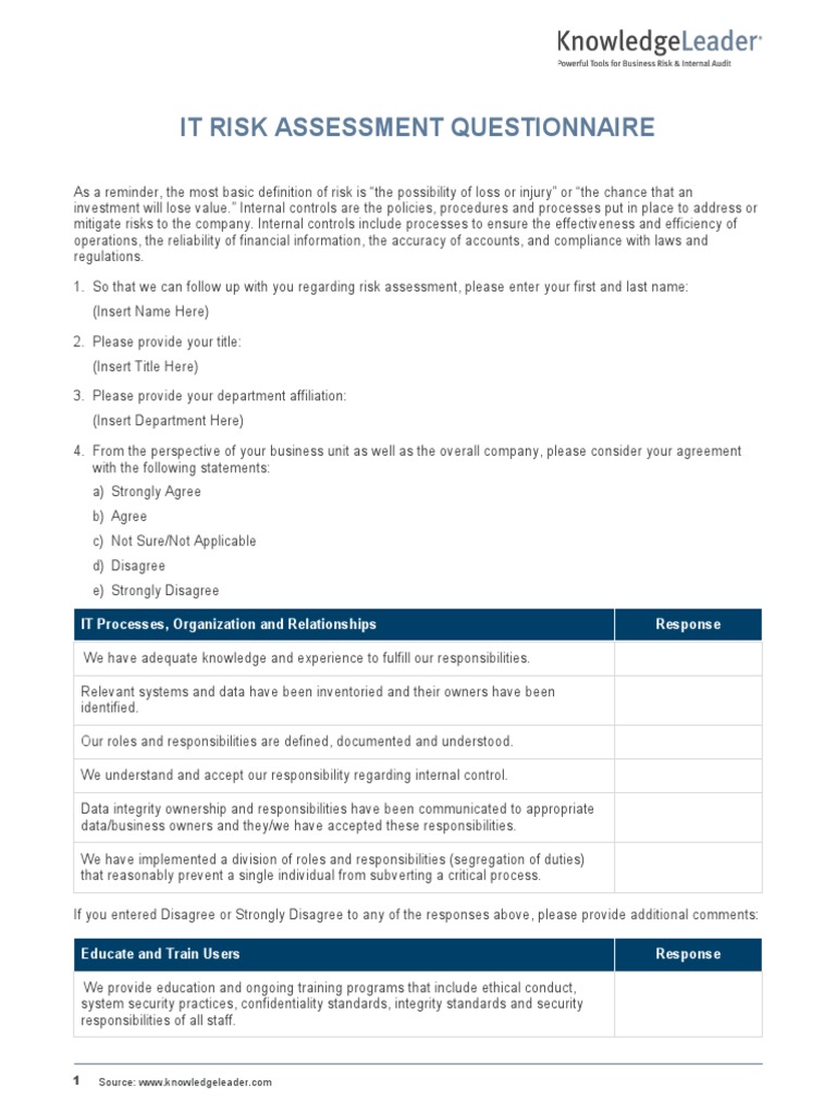 IT Risk Assessment Questionnaire | Download Free PDF | Internal Control ...