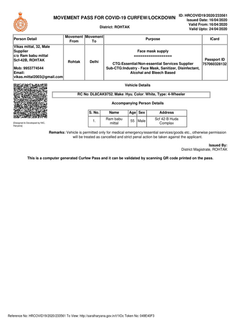 Movement Pass For COVID19 Curfew | PDF