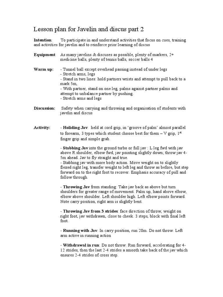 Lesson Plan For Javelin and Discus Part 2: Intention | PDF | Elbow | Hand