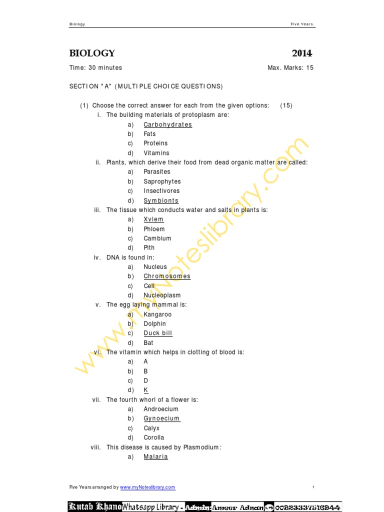 Biology 2014: Section "A" (Multiple Choice Questions) | PDF | Botany ...