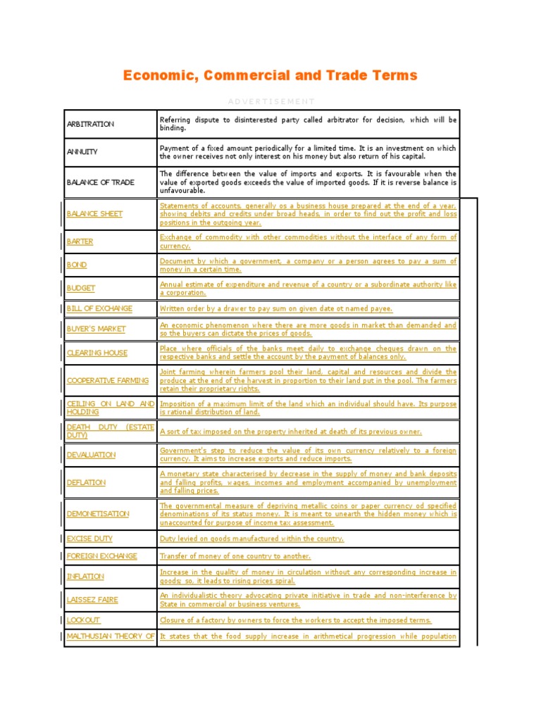 Key Economic and Trade Terms Explained | PDF | Business | Money