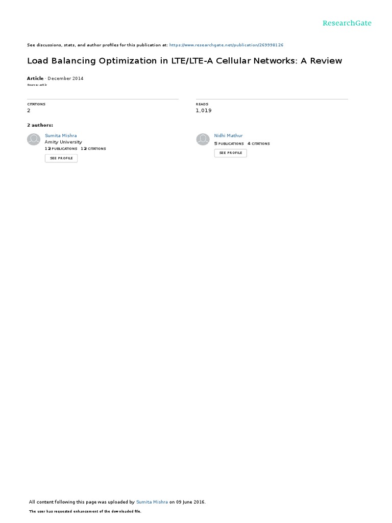 Load Balancing Optimization in LTE/LTE-A Cellular Networks: A Review | PDF | Lte Advanced ...