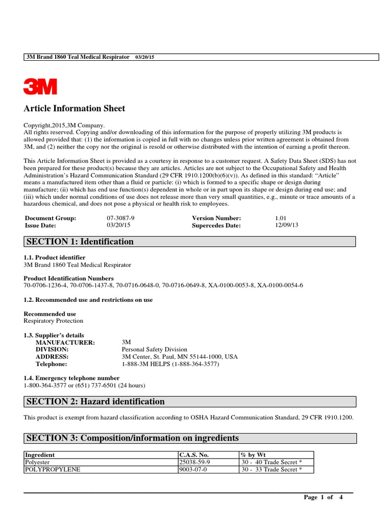 Article Information Sheet: 3M Brand 1860 Teal Medical Respirator | PDF ...
