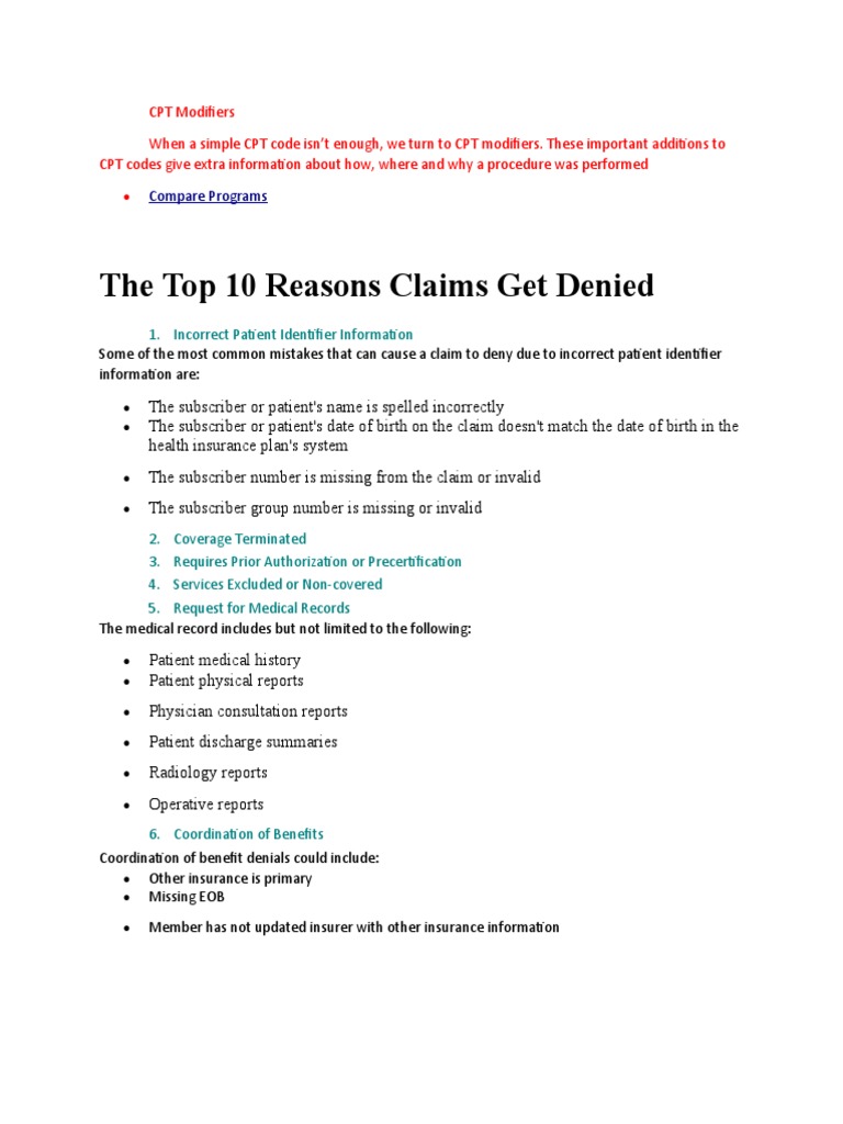 The Top 10 Reasons Claims Get Denied: Compare Programs | PDF | Health ...