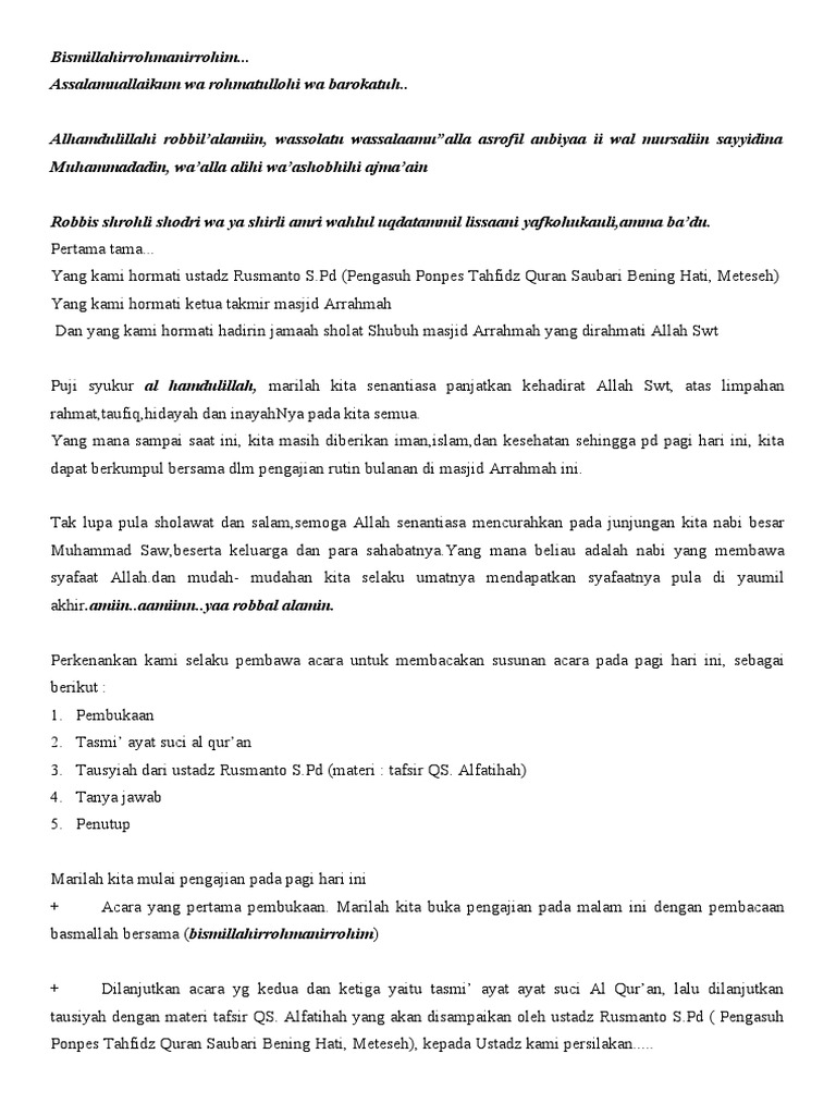 Teks MC Pengajian Rutin Shubuh | PDF